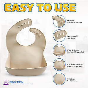 HippoBaby Baby Led Weaning Supplies | 10 Piece Silicone Feeding Set | Baby Toddler Bib Cup Divided Plate and Bowl Self Feeding Spoons Dish Set | Baby Utensils | Toddler Feeding Supplies (Beige)