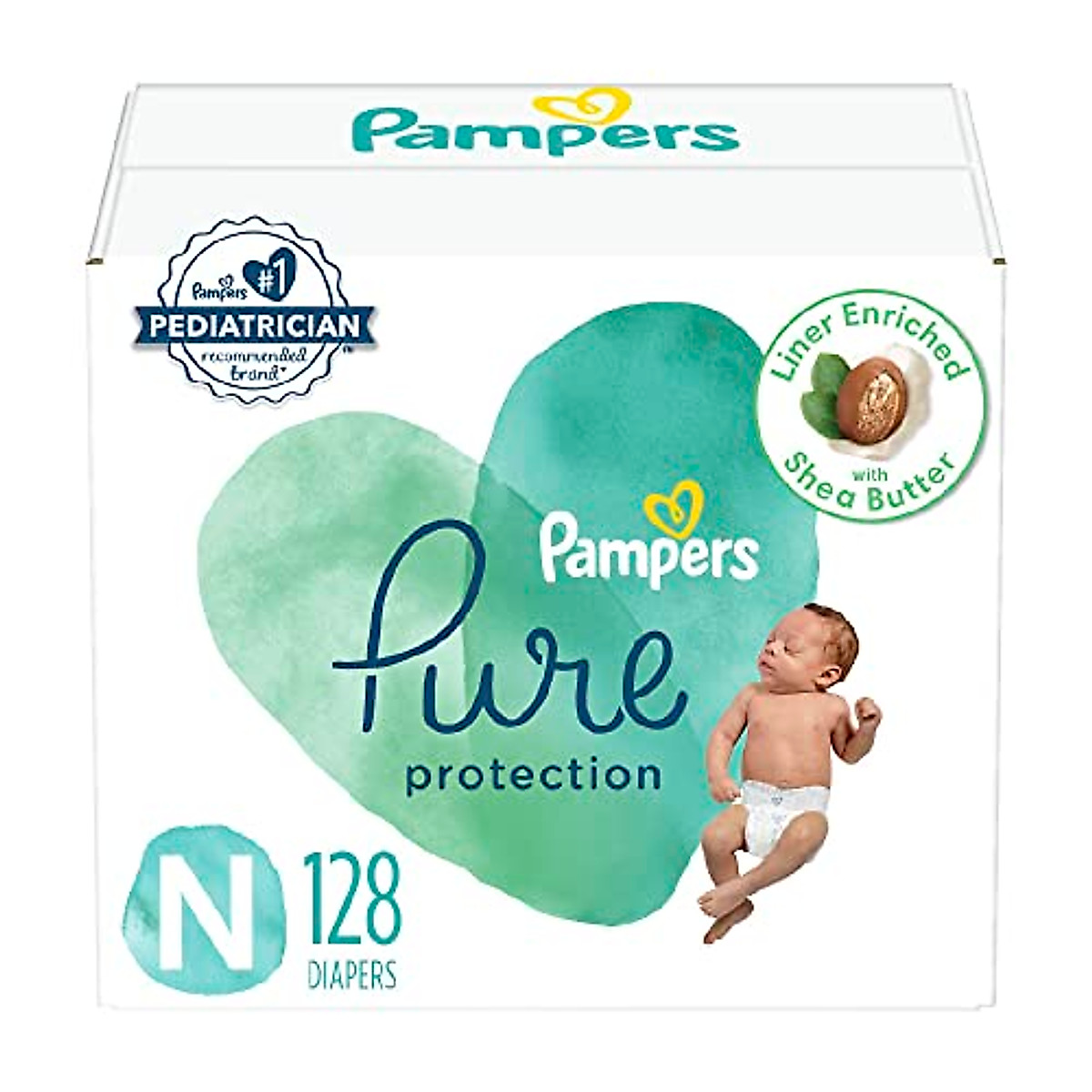 Diapers Size 0, 128 Count - Pampers Pure Protection Disposable Baby Diapers, Hypoallergenic and Unscented Protection, Enormous Pack (Packaging & Prints May Vary)