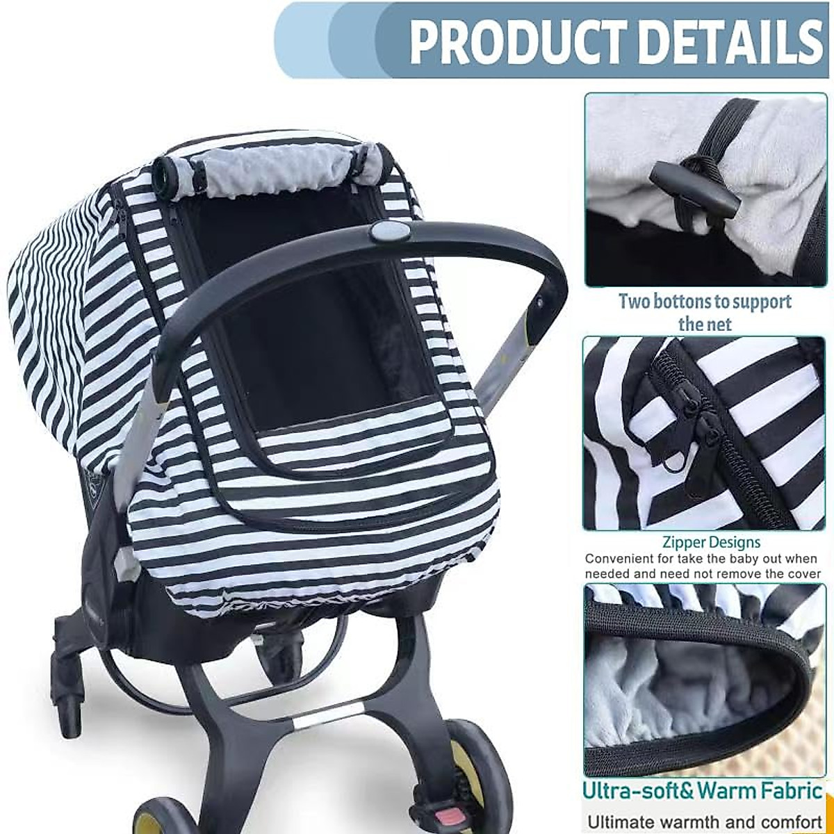 Car Seat Covers for Babies,Baby Car Seat Cover for Boys Girls,Windproof Infant Carseat Cover,Kick-Proof Car Seat Canopy with Breathable Mesh Peep Window(Black Stripe)