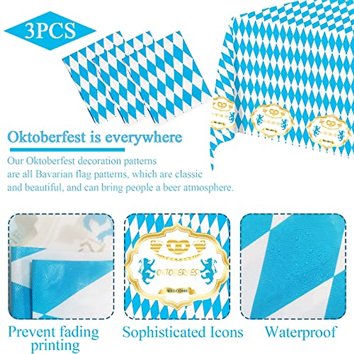 UOMNICUE Oktoberfest Tablecloth, 3Pcs Oktoberfest Disposable Table Cloth with Gold Oktoberfest Welcome Print Oktoberfest Waterproof Tablecover Banner for Oktoberfest Party Decorations 108 X 54 Inch