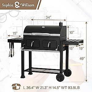 Sophia & William Heavy-duty Charcoal BBQ Grills Extra Large Outdoor Barbecue Grill with 794 SQ.IN. Cooking Area, Dual-Zone Individual & Adjustable Charcoal Tray and Foldable Side Table, Black
