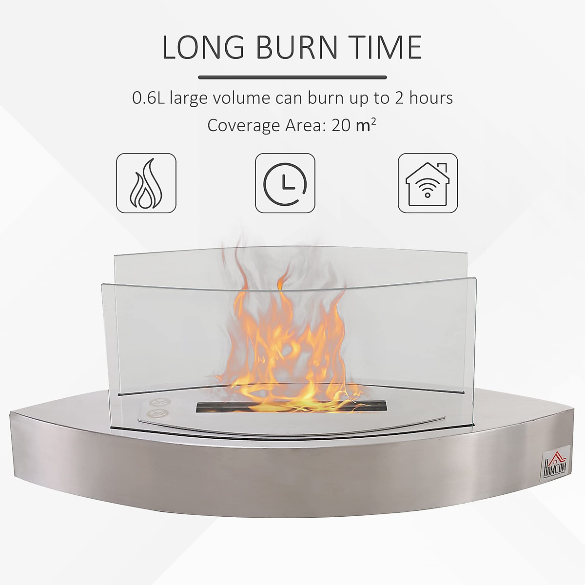 HOMCOM Ethanol Fireplace, 23.5" Tabletop 0.15 Gallon Stainless Steel 215 Sq. Ft., Burns up to 2 Hours, Silver