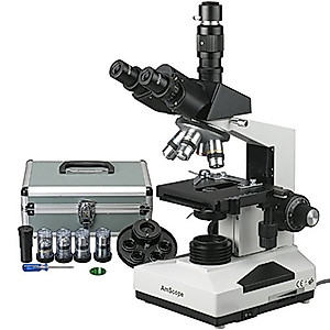 AmScope T490A-PCT Compound Trinocular Microscope with Phase-Contrast Turret, WF10x and WF16x Eyepieces, 40X-1600X Magnification, Brightfield/Darkfield, Halogen Illumination, Abbe Condenser, Double-Layer Mechanical Stage, Sliding Head, High-Resolution Opti