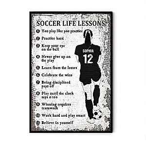 365FURY Soccer Life Lessons Poster with Personalized Name and Number Wall Art For Girls Room Perfect Gifts For Birthday Anniversary Holidays Rustic Picture Without Frame
