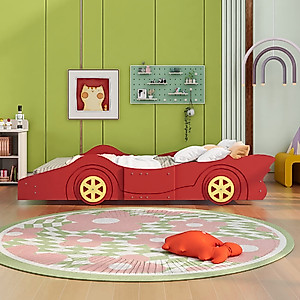 Full Size Race Car Bed for Boys, Wood Low Platform Bed Frame with Support Slats, Full Beds in Race Car-Shaped for Kids Teens, Red