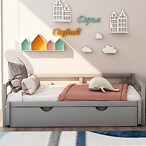 Wood Daybed with Trundle, Twin to King Design Sofa Bed, Modern Multi-Function Extendable Trundle Daybed Frame for Bedroom, Living Room (Gray)
