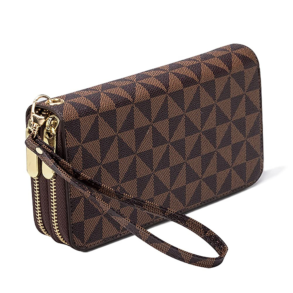 Veki Women's Wallet Double Zipper Pocket Wallets with Wrist Strap, Leather Credit Card Purse for Women Men (Brown)