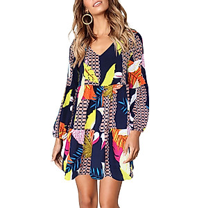 Amoretu Dresses for Women Pattern Casual V Tunic Dresses, Spring, Summer, 2025 (Printed Geometry, L)