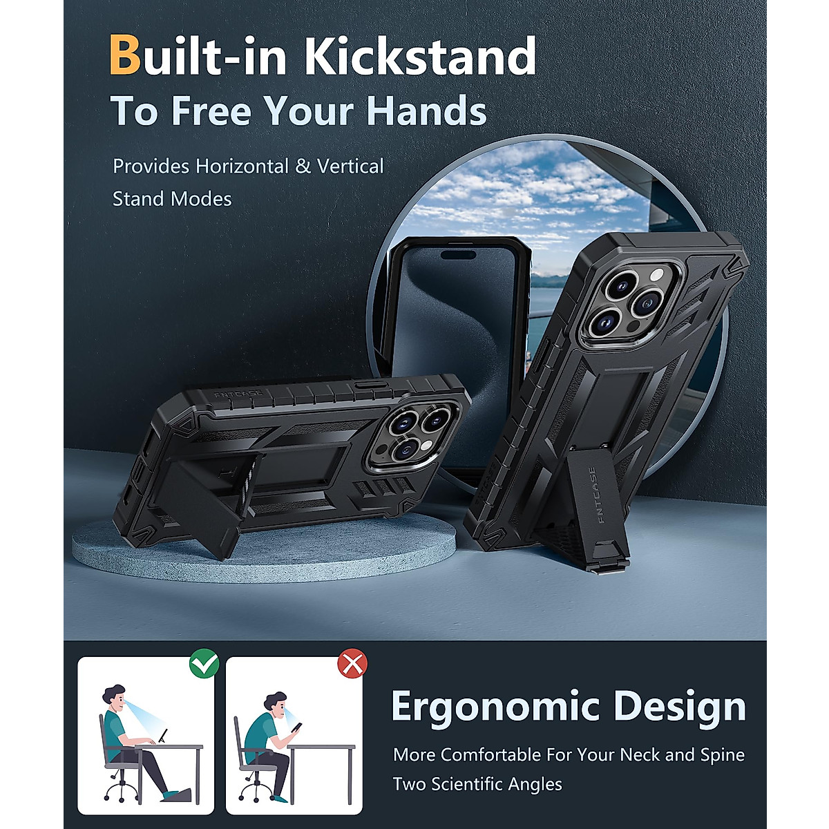 FNTCASE for iPhone 15-Pro-Max Case: Military Grade Drop Proof Rugged Protective Cell Phone Cover with Kickstand & Built-in Protector | Matte Textured Shockproof TPU Hybrid Bumper Cases (Black)