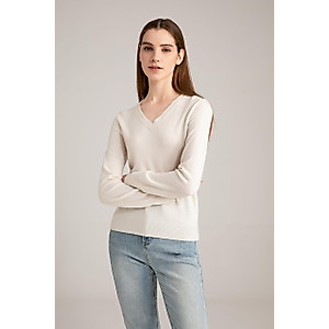 State Cashmere Women’s Essential V-Neck Sweater 100% Pure Cashmere Classic Long Sleeve Pullover (Undyed White, Large)