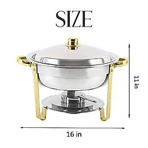 Restlrious Chafing Dish Buffet Set Stainless Steel Round Chafers and Buffet Warmers Sets 5QT 4 Pack, Complete Set for Buffet Catering w/Water Pan, Food Pan, Fuel Holder and Lid in Gold Accent