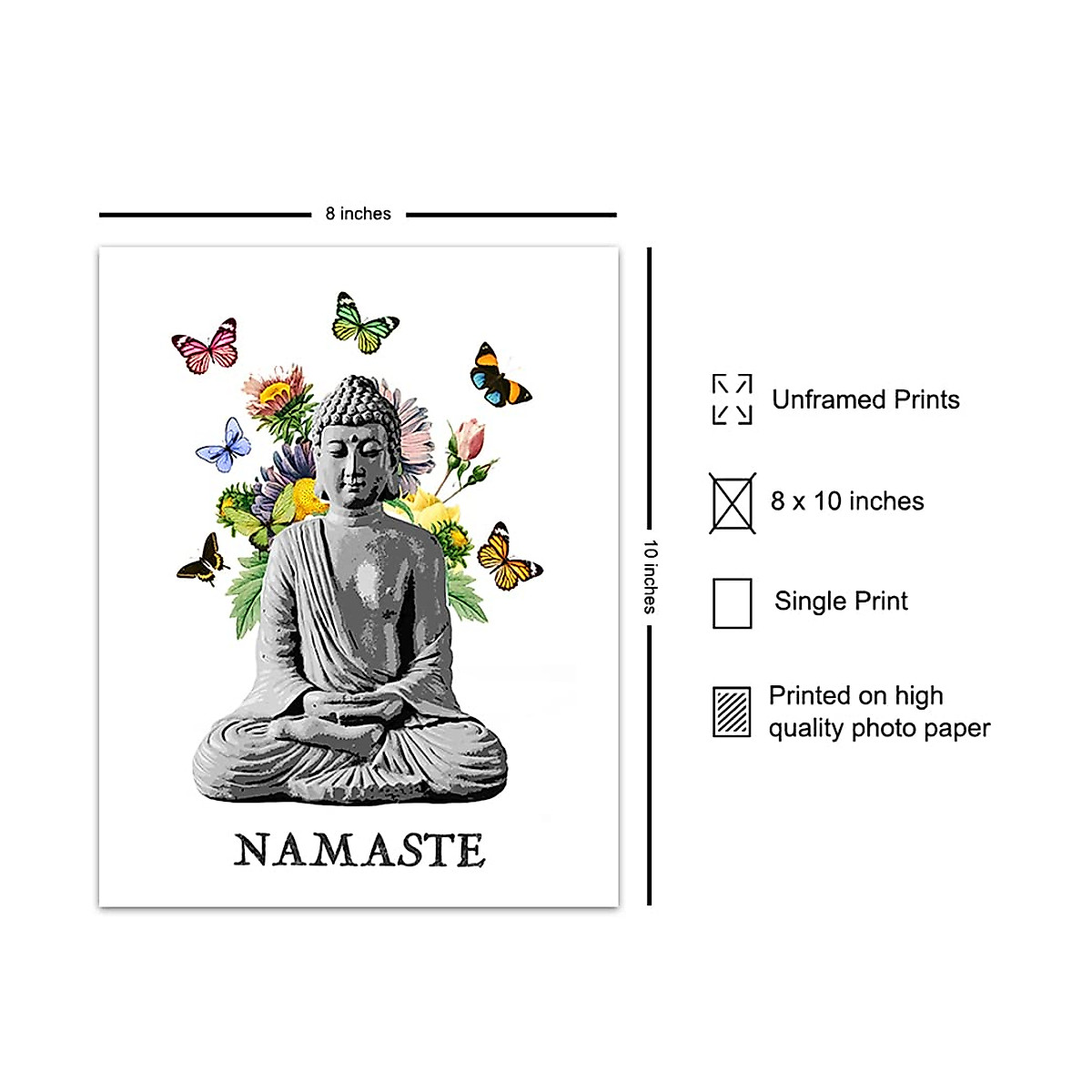 Namaste Buddhism Buddha Statue Wall Art Print - 8x10 Photo, Home Decor, Meditation Room, Spa or Yoga Studio Decoration - Boho Zen New Age Gift - Unframed Butterfly Poster Picture