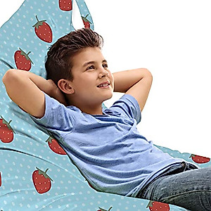 Lunarable Fruits Lounger Chair Bag, Strawberries on Polka Dots Vintage Shabby Girly Shower, High Capacity Storage with Handle Container, Lounger Size, Red Pale Azure Blue