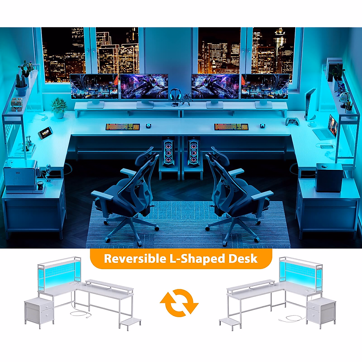 Furologee White L Shaped Gaming Desk with LED Strips and Power Outlets, 64" Reversible L Computer Office Desk with Pegboard and Fabric File Drawer, Coner Desk with Monitor Stand and Hutch