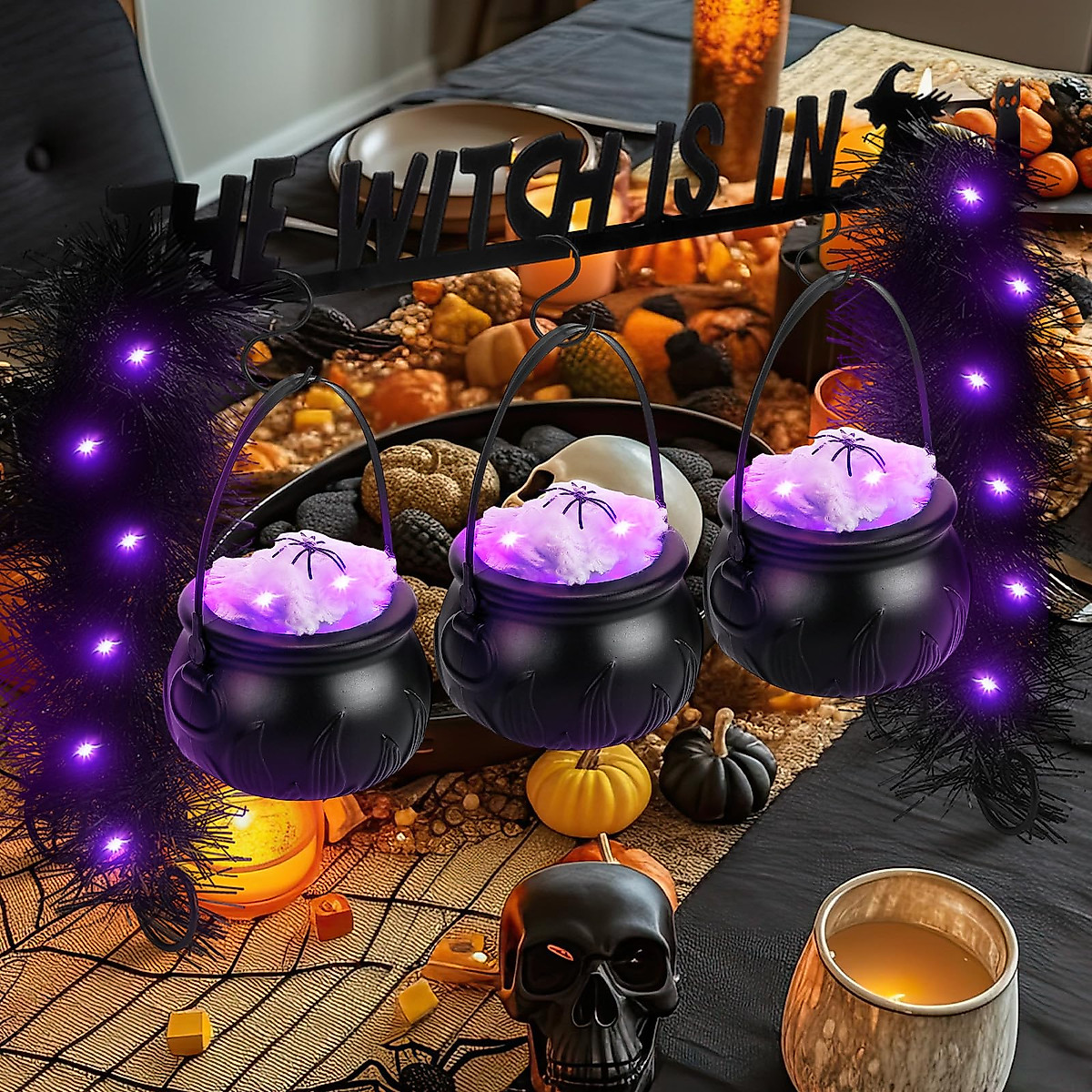 Halloween Witch Cauldron Candy Serving Bowl Halloween Punch Bowl Lighting Party Decorations for Table Kitchen Indoor Outdoor Halloween Candy Holder with Iron Rack and Garland Spiders