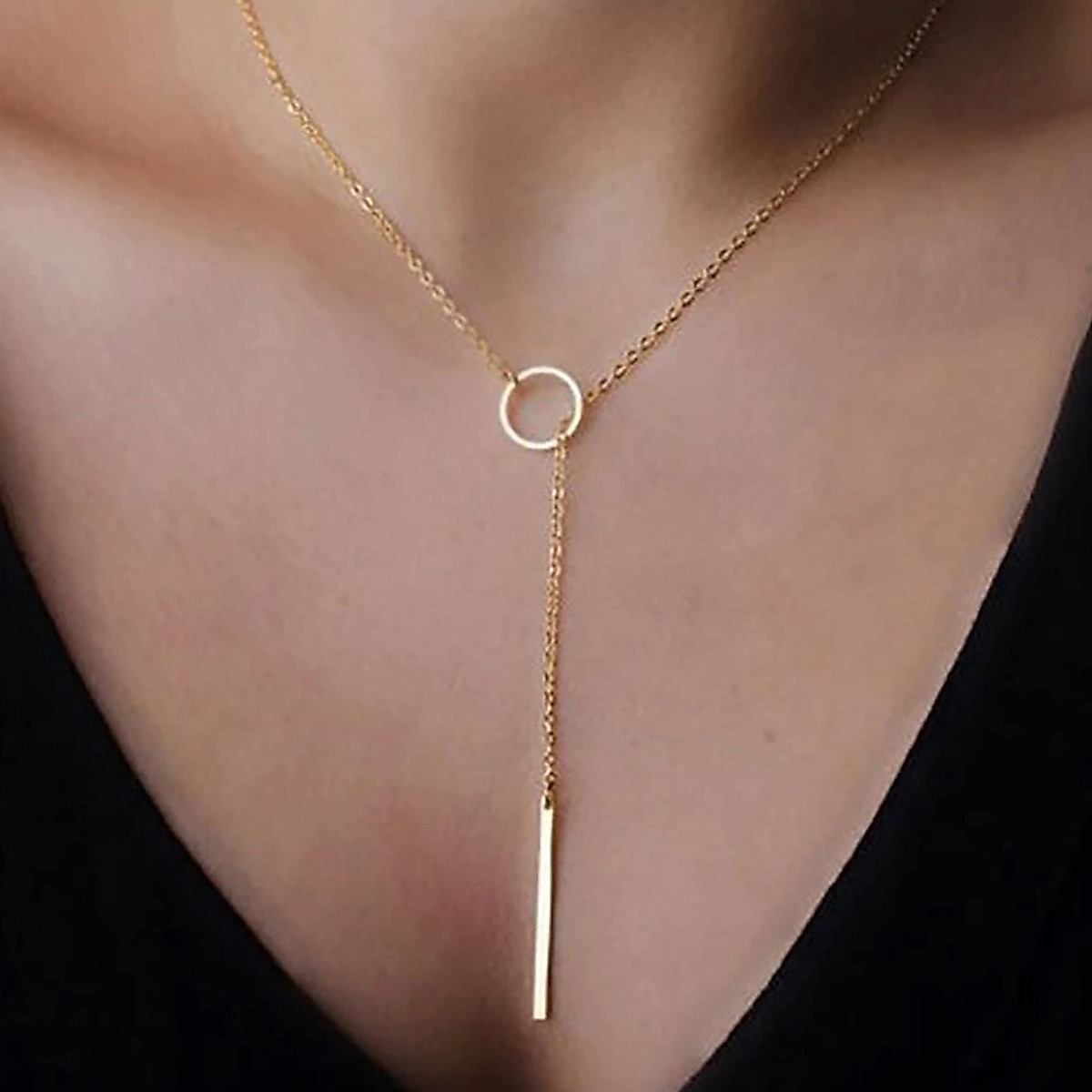 Tewiky Circle Bar Necklace for Women, Dainty Gold Lariat Necklace 14k Gold Drop Y Necklace Simple Gold Necklaces for Women Trendy Delicate Gold Necklaces Aesthetic Jewelry for Women
