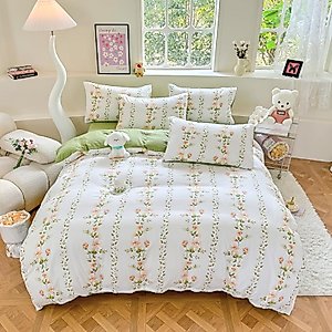 Kimko Washable Cotton Floral Duvet Cover Set,Vintage Flower Reversible Bedding Set with Zipper Closure,Gentle,Soft,Cozy and Breathable 【3Pcs:1 Duvet Cover+2 Pillowcase】 (# 005, Full-71''X87'')