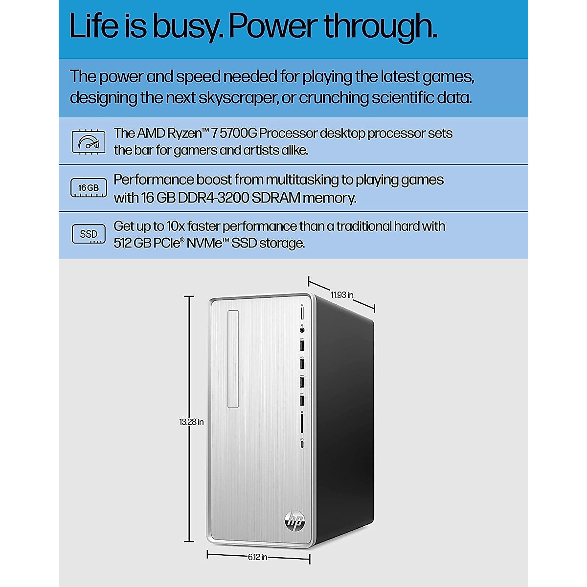 HP 2023 Newest Pavilion Desktop PC, AMD Ryzen 7 5700G (8 cores), 32GB RAM, 2TB SSD, 2TB HDD, AMD Radeon Graphics, Wi-Fi, Bluetooth, Keyboard and Mouse Combo, 9 USB Ports, Windows 11, Silver