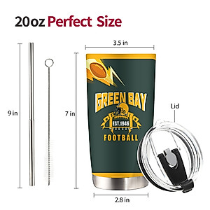 Custom Green Bay Tumbler 20oz Stainless Steel with Lid & Straw Personalized Football Fans Gifts for Women Men Travel Cup Insulated Tumbler Add Name Number