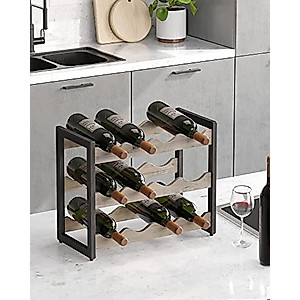 SONGMICS Wine Rack, 3 Tier Tabletop Wine Water Bottle Organizer Storage, Large Capacity Holds 12 Bottles, Bamboo Countertop Wine Holder Shelf for Kitchen Bar Cabinets Pantry, Greige and Black