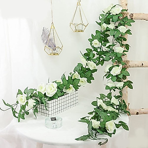 Menoeceus 2 Pack Artificial Silk Rose Vines Garland Fake Flower Plants Arts Hanging Decoration for Outdoor Indoor Home Kitchen Garden Office Wedding Ceremony Hotel Party Art Decor (White)
