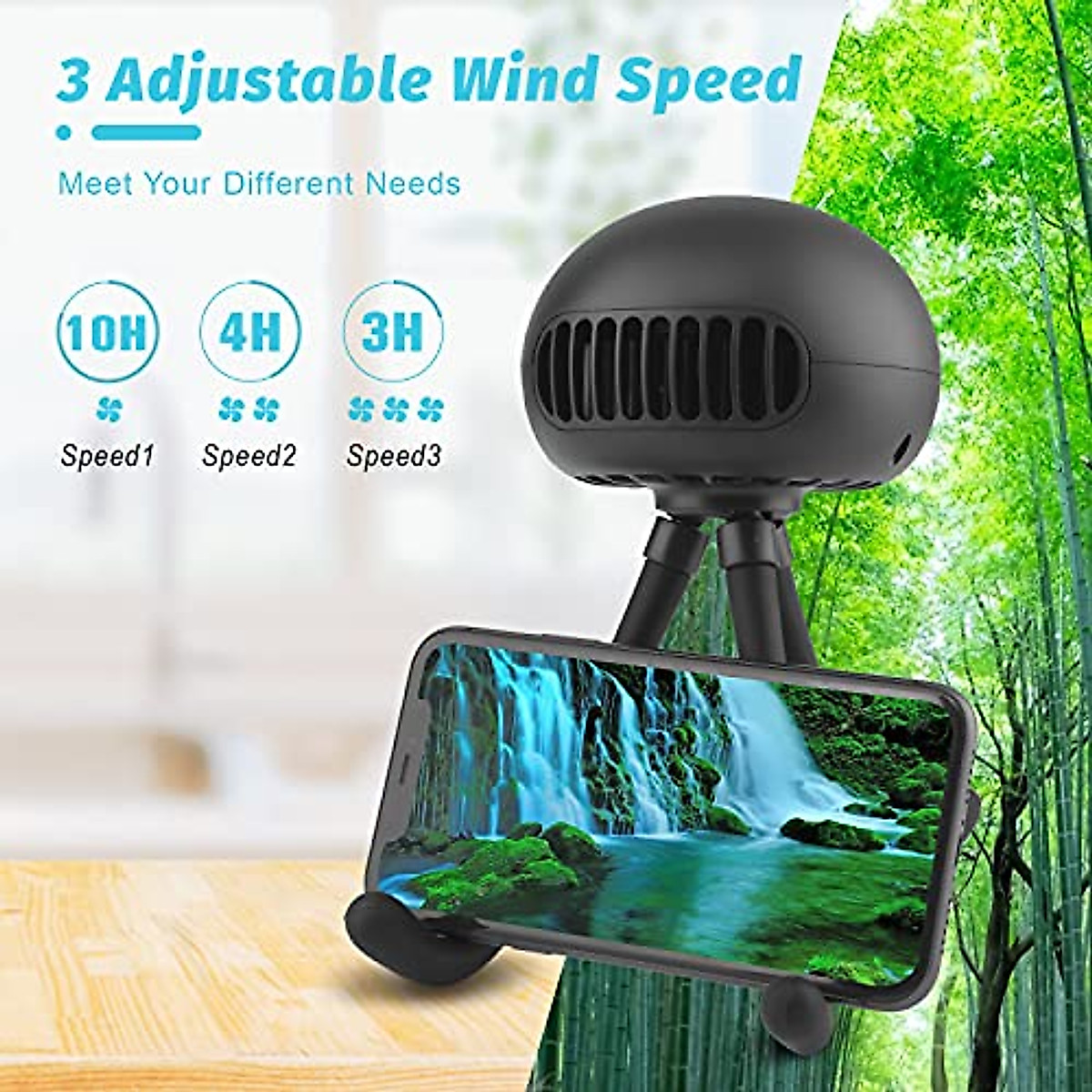 Stroller Fan Portable Bladeless Fan ​Mini Handheld Fan with Flexible Tripod Clip on Stroller Fan 3 Speeds Rechargeable Battery Operated Fan for Stroller, car Seat, Crib, Bike and Desktop (black)