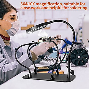 5X&10X Magnifying Glass with Light and Stand, KUVRS Flexible Magnetic Helping Hand, Large Base&Clamp Magnifying Lamp, 3 Color Adjustable Arm Desk Magnifying Glass with Light for Soldering Craft Hobby