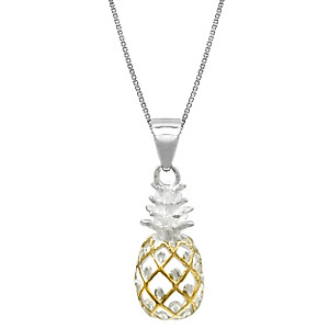 Honolulu Jewelry Company Sterling Silver with 14k Gold Plated Trim Pineapple Necklace Pendant with 18" Box Chain