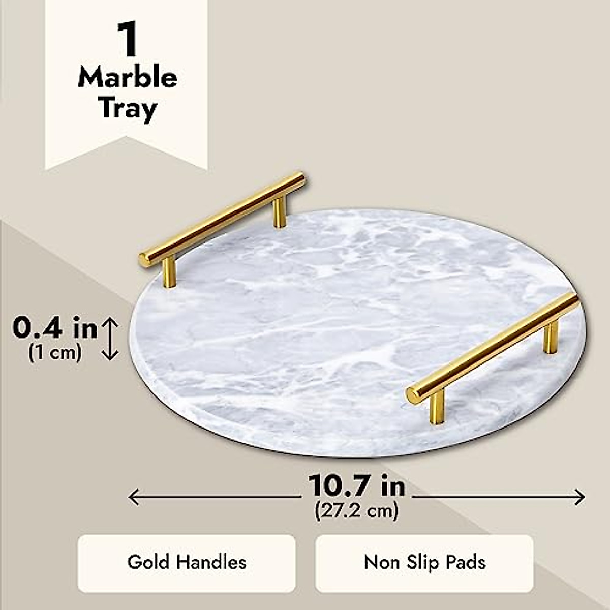 Round Marble Tray for Vanity with Handles, Geode Tray, Elegant White Marble and Gold Serving Board for Kitchen, Home Decor, Centerpiece Display (10.7x10.7x0.4 in)