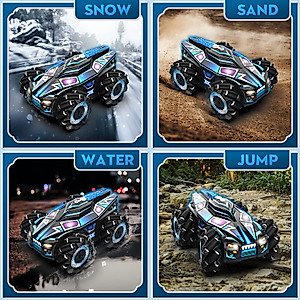 HR Fog Remote Control Car for Kids High Speed LED Light Race RC Car,Rear Fog Stream 4WD 2.4GHz Double Sided Rotating 360Flips Vehicles, Birthday Gifts for Boys and Girls (Blue)
