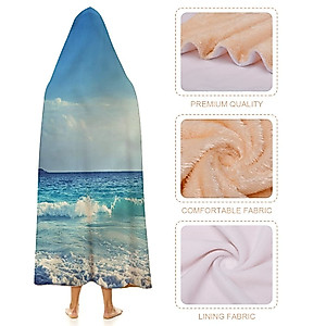 Hooded Blanket Poncho, Ocean Women Men Hooded Blanket, Beach Sunset Waves, Soft Warm Cozy, 40 x 50inches, for Kids Adults Travel Throw Blankets, Multicolor