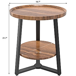 texinpress Round End Table with Storage Shelf, 2 Tier Round Side Table Nightstand for Living Room, Bedroom, Wood Tabletop and Black Metal Frame (19.7 * 19.7 * 21.7 inches)