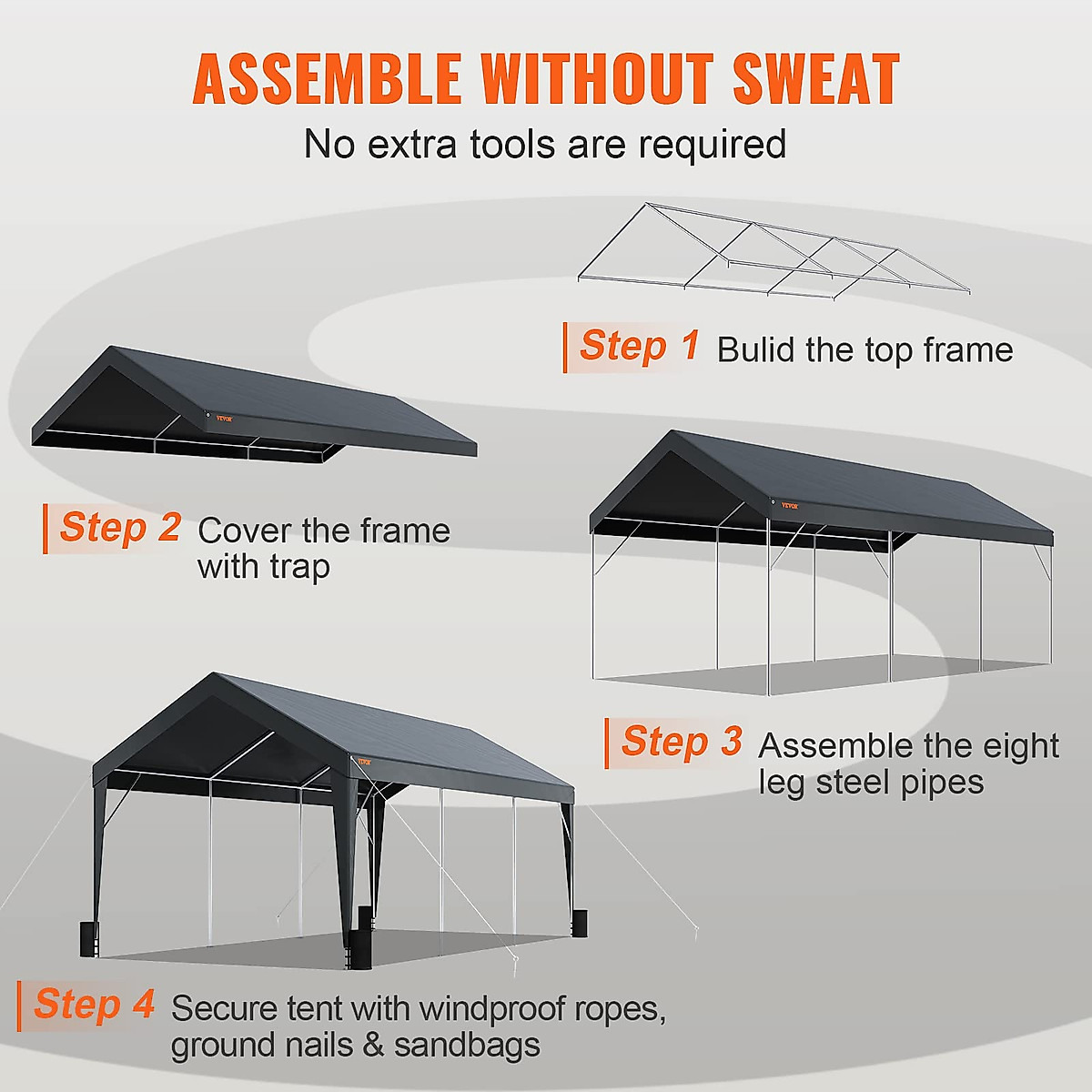 VEVOR Outdoor 10x20 ft Heavy Duty Carport Car Canopy Garage Boat Shelter Party Tent with 8 Reinforced Poles and 4 Weight Bags, UV Resistant Waterproof All-Season Tarp for SUV, F150, Car, Truck, Boat