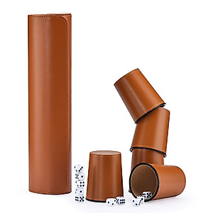 Party Games Leather Dice Cup Set, 5 Leather Dice Cups + 25 Dice + Exclusive Storage and Transport Case Made of Faux Leather with Magnetic Closure