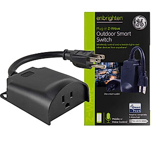 Enbrighten Z-Wave Plus Smart Outdoor Switch, 1-Outlet Plug-In (2nd Gen.), Weather-Resistant, Works with Alexa, Google Assistant, for Landscape & Seasonal Lighting, ZWave Hub Required, 14298,Black