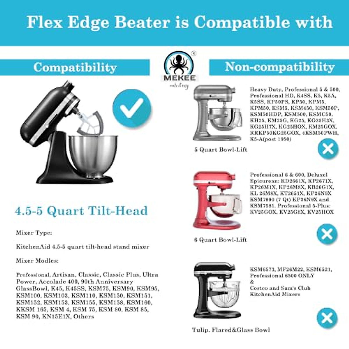 Kitchenaid Flex Edge Beater Replacement 4.5-5 Quart - Kitchen Aid Mixer Paddle Attachment with Silicon Edge Bowl Scraper, Kitchenaid Mixer Accessories, Kitchenaid Mixer Attachments