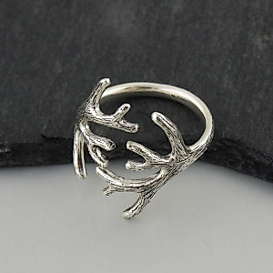 FashionJunkie4Life Sterling Silver Adjustable Textured Antler Ring, One Size, Deer Elk Moose Hunting