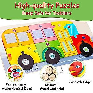 Wooden Toddler Puzzles for Kids Ages 2-4 Montessori Toys for 2 3 4 Year Old Boys Girls Toddler Educational Developmental Toys Gifts Numbers Colors Shapes Early Learning Vehicle Puzzle Toys(3 Packs)