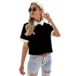 Verdusa Women's Colorblock Contrast Polo Collar Short Sleeve Blouse Shirt Top Black and White M