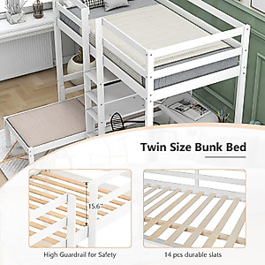 Hommoo Wooden Loft Bed with Desk and Storage Shelves Multifunctional Loft Bed Space-Saving Bed Frame Convertible Twin Over Twin Bunk Bed for Kids Adults