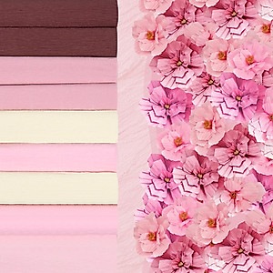 8 Rolls Crepe Paper Rolls, 10 x 98Inch 4 Colors Wide Crepe Paper Sheets with Floral Stem Wire and Green Floral Tapes for DIY Gift Wrapping Paper Crafts (Pink & Brown）