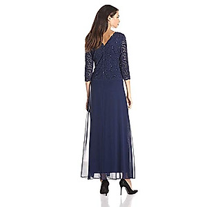 Alex Evenings Women's 3/4 Sleeve Stretch Lace Bodice Mock One Piece Gown, Navy, 10P