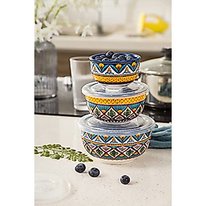 Bico Havana Ceramic Bowl with Air Tight Lid Set of 3(27oz, 18oz, 9oz each), Prep bowls, Food Storage Bowl for Salad, Snacks, Fruits, Microwave and Dishwasher Safe