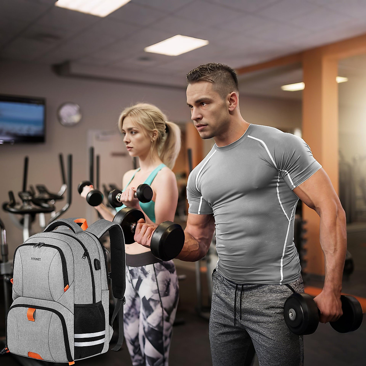 Ytonet Gym Backpack For Men Women, Travel Backpack With Shoe Compartment USB Charging Port, Water Resistant Medical Laptop Backpack Fit 15.6 Inch Notebook, Camping, Hiking, School, Grey