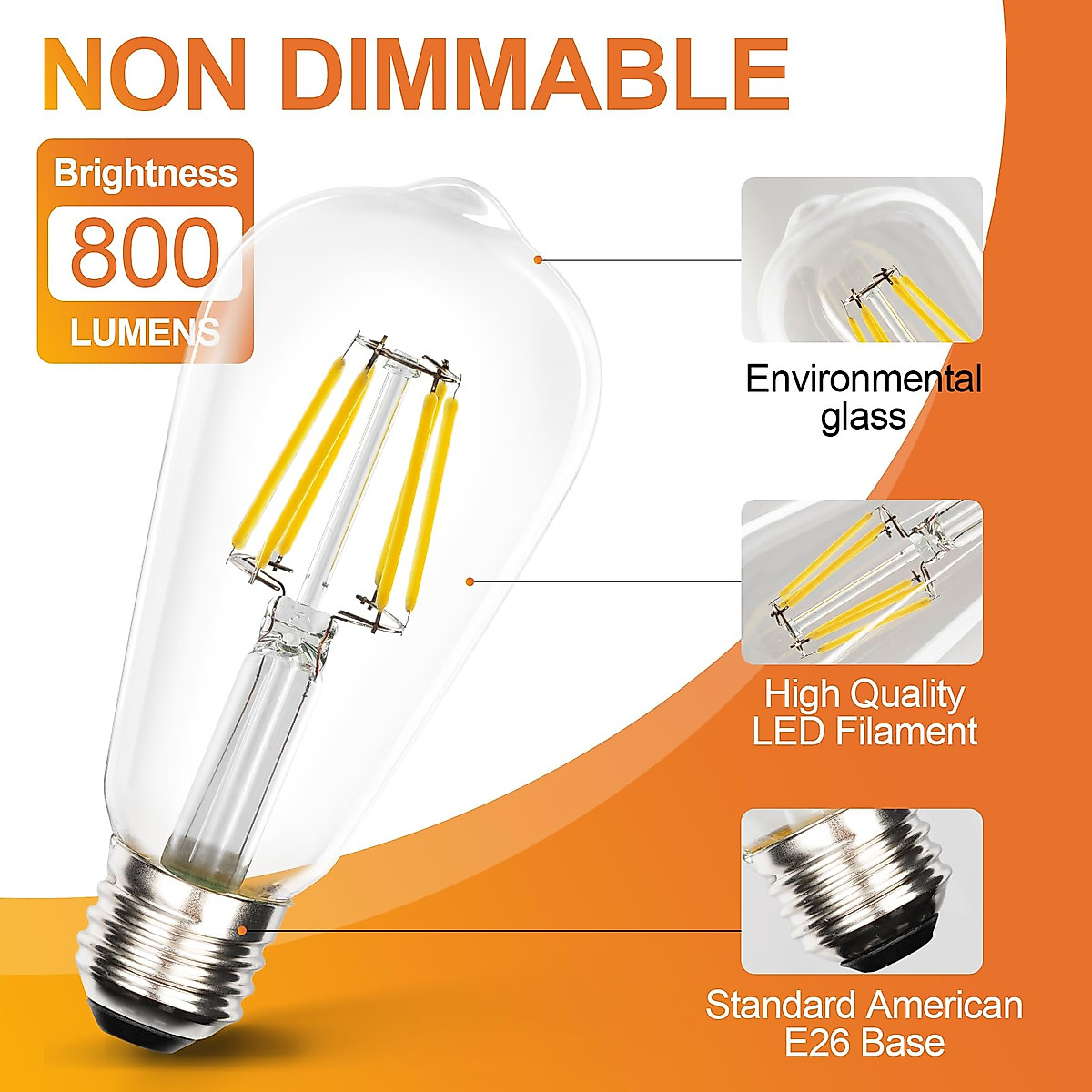 PUIPUM Edison Bulbs 60 Watt Led, Led Edison Bulb, Vintage e26 Edison Bulb, ST58 led Light Bulb,Daylight White 4000k,80CRI,700 Lumen, Edison Bulbs for Home, 6 Pack, Clear,Non-Dimmable