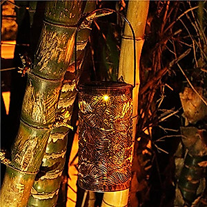 Sanzhi Solar Lantern Hanging, Outdoor Hanging Hollow Leaves Solar Garden Lights Decorative Retro Metal Waterproof Solar Lamp for Patio Yard Pathway Terrace TYN001