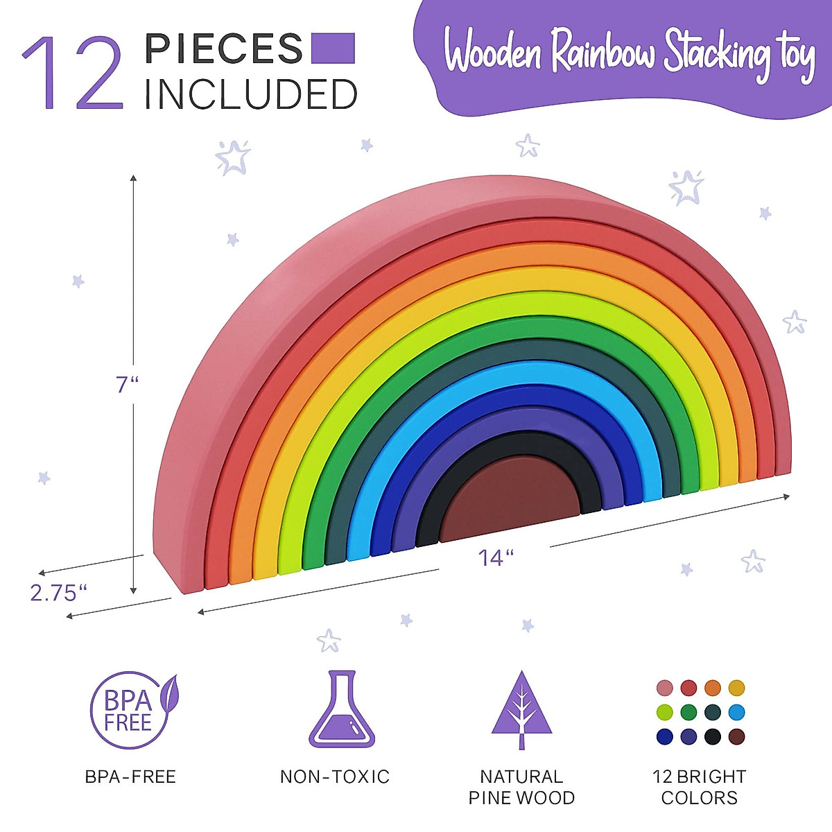 Wooden Rainbow Stacking Toy - Montessori Toys for 3+ Year Old - Rainbow Stacker Grimms Extra Large for Kids 2 3 4 5 Boys and Girls - 12 Pieces