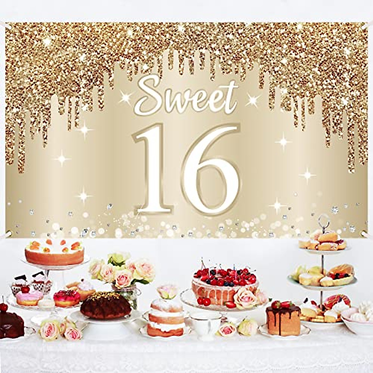 Happy Sweet 16th Birthday Banner Backdrop Decorations for Girls, Gold White Sweet 16 Birthday Sign Party Supplies, Sixteen Year Old Birthday Photo Booth Background Poster Decor(72.8 x 43.3 Inch)