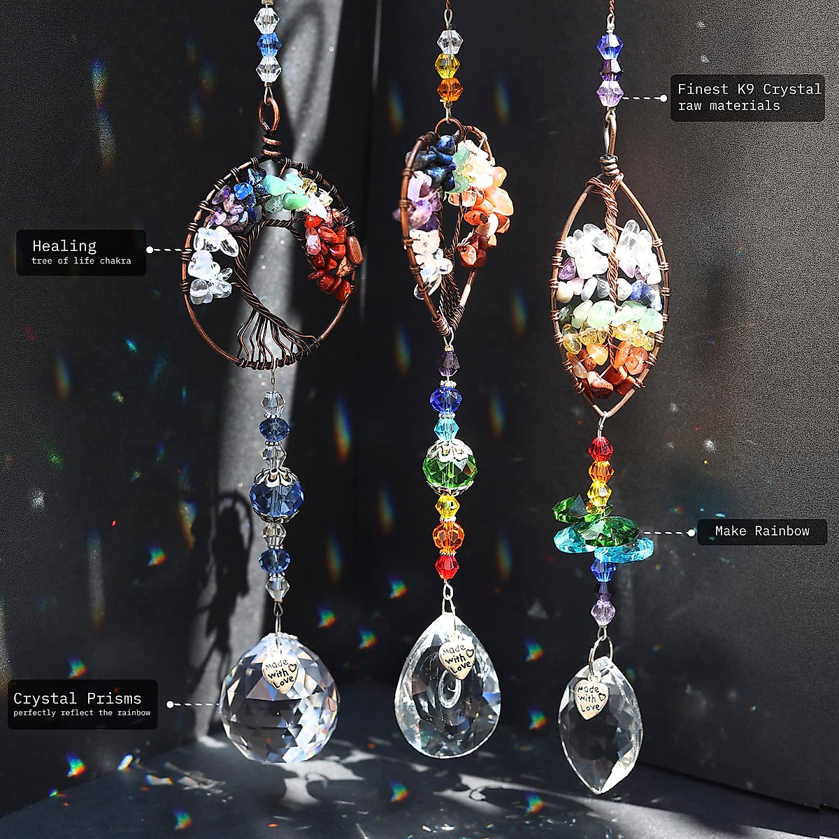 3pcs Crystal Suncatchers for Windows Hanging Tree of Life Sun Catchers Decor with Prisms for Home Indoor Outdoor Car Making Rainbows