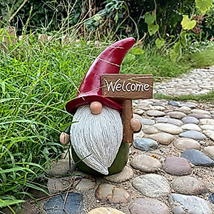 FICITI Garden Gnome Statue with Welcome Sign, Outdoor Lawn Décor Yard Sculpture Home Decorations, 8 Inch Tall